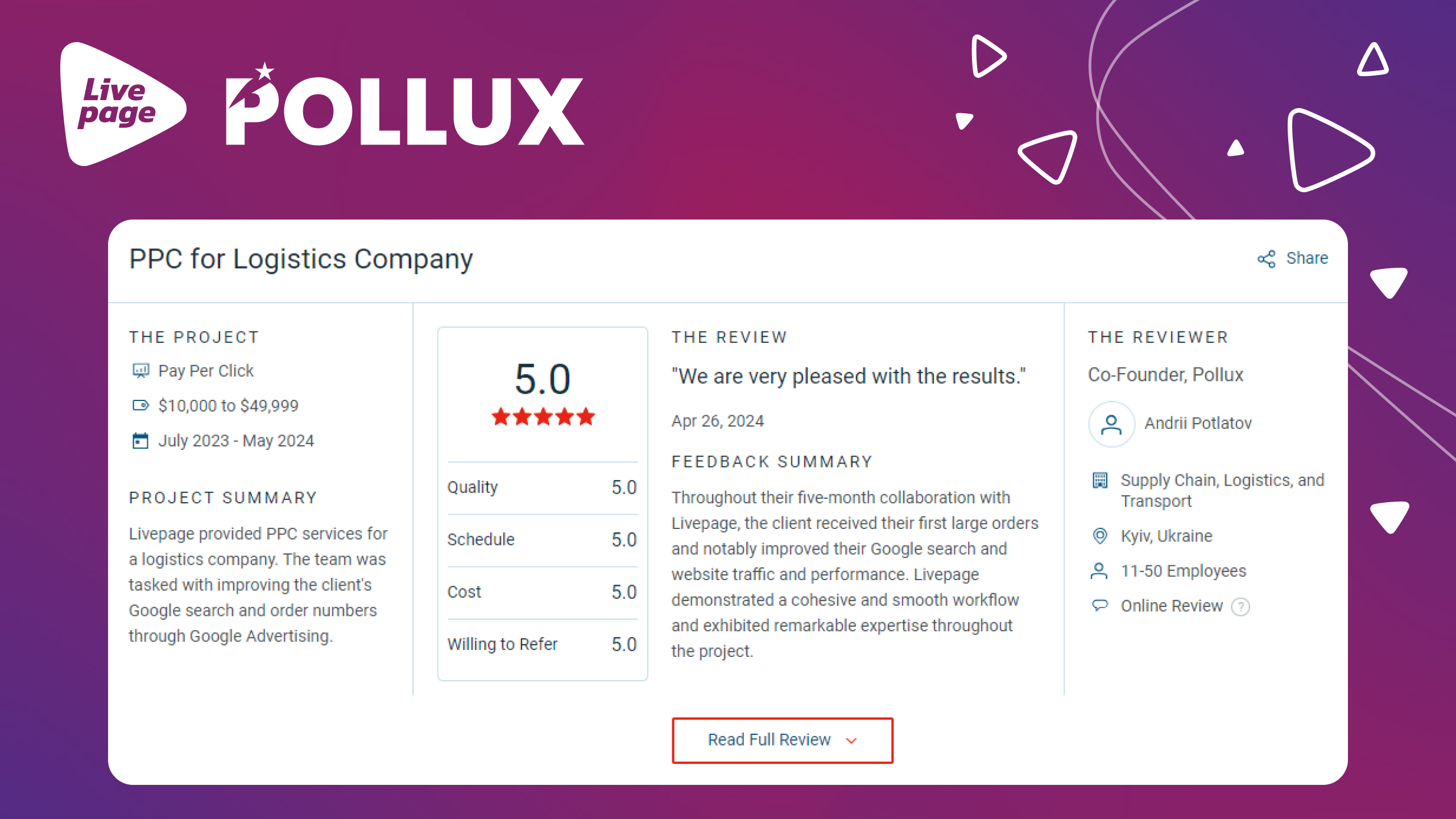 Review from the Pollux company about collaboration with Livepage - Livepage