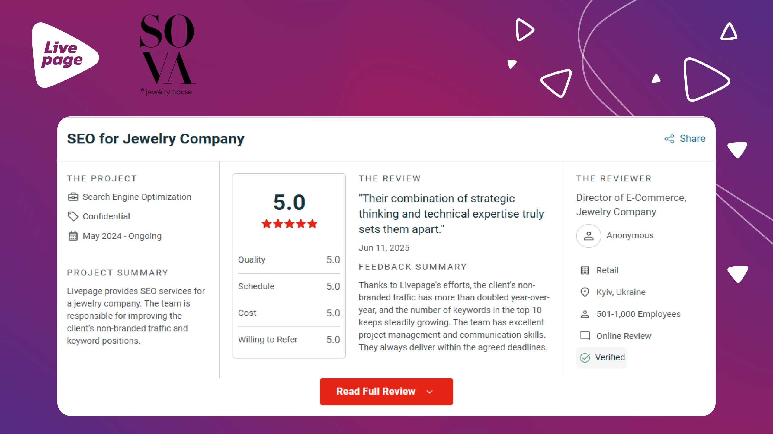 Review from the SOVA Jewels company about collaboration with Livepage ...
